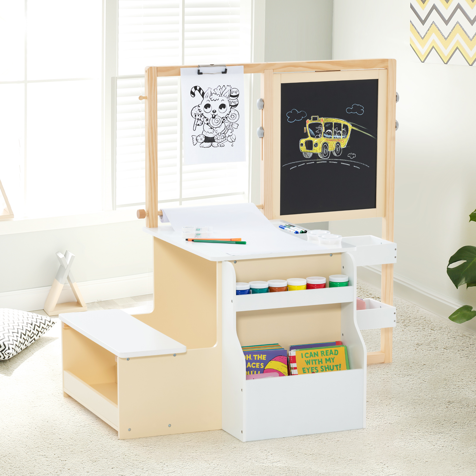 Kids Art Easel Table And Bench Set With Adjustable Easel And Bookshelf ...