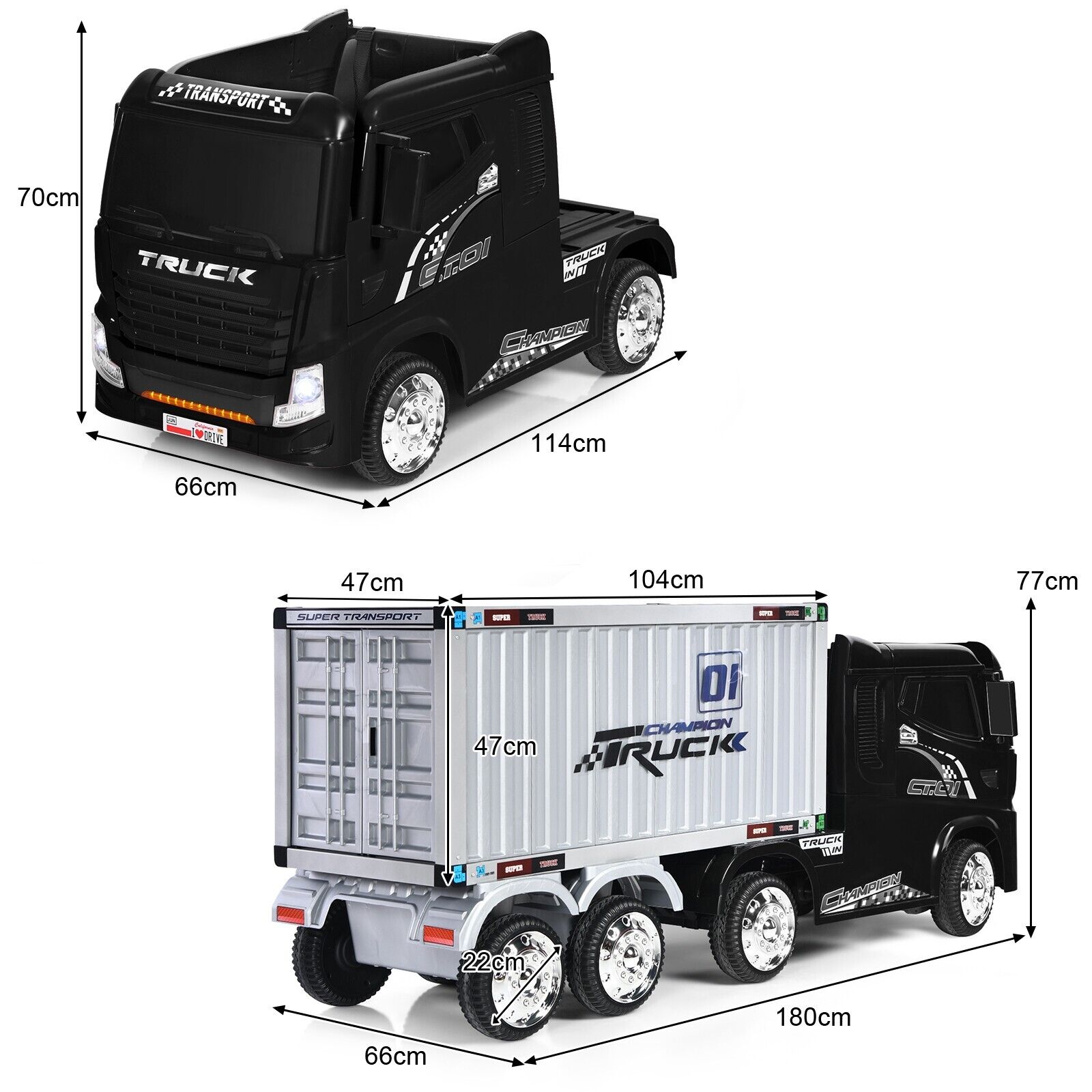 12v Ride On Semi Truck With Container For Kids Of 3 8 Year Old Black ...