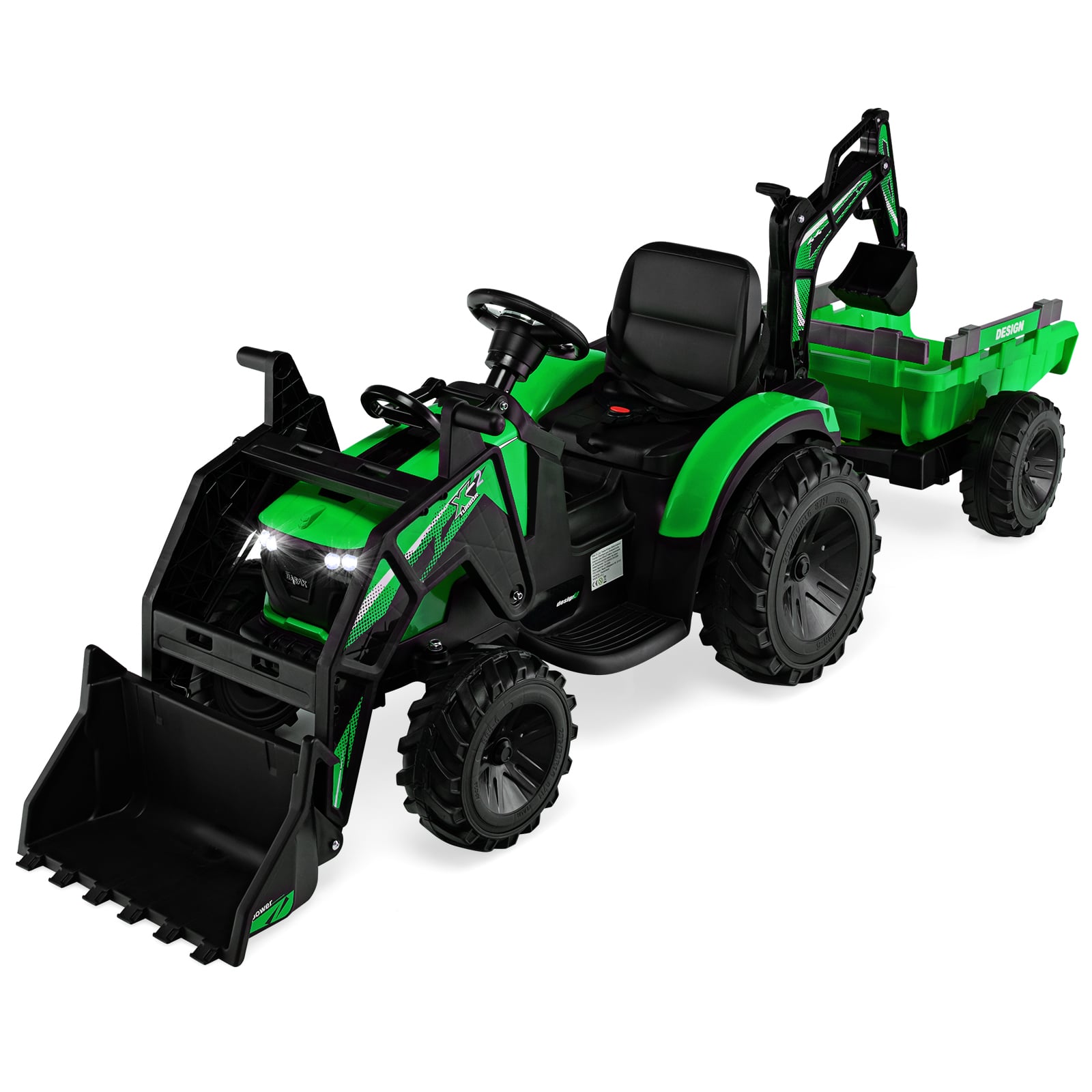 3 In 1 Ride On Tractor And Trailer With Shovel Bucket Green - Kuiwee.com