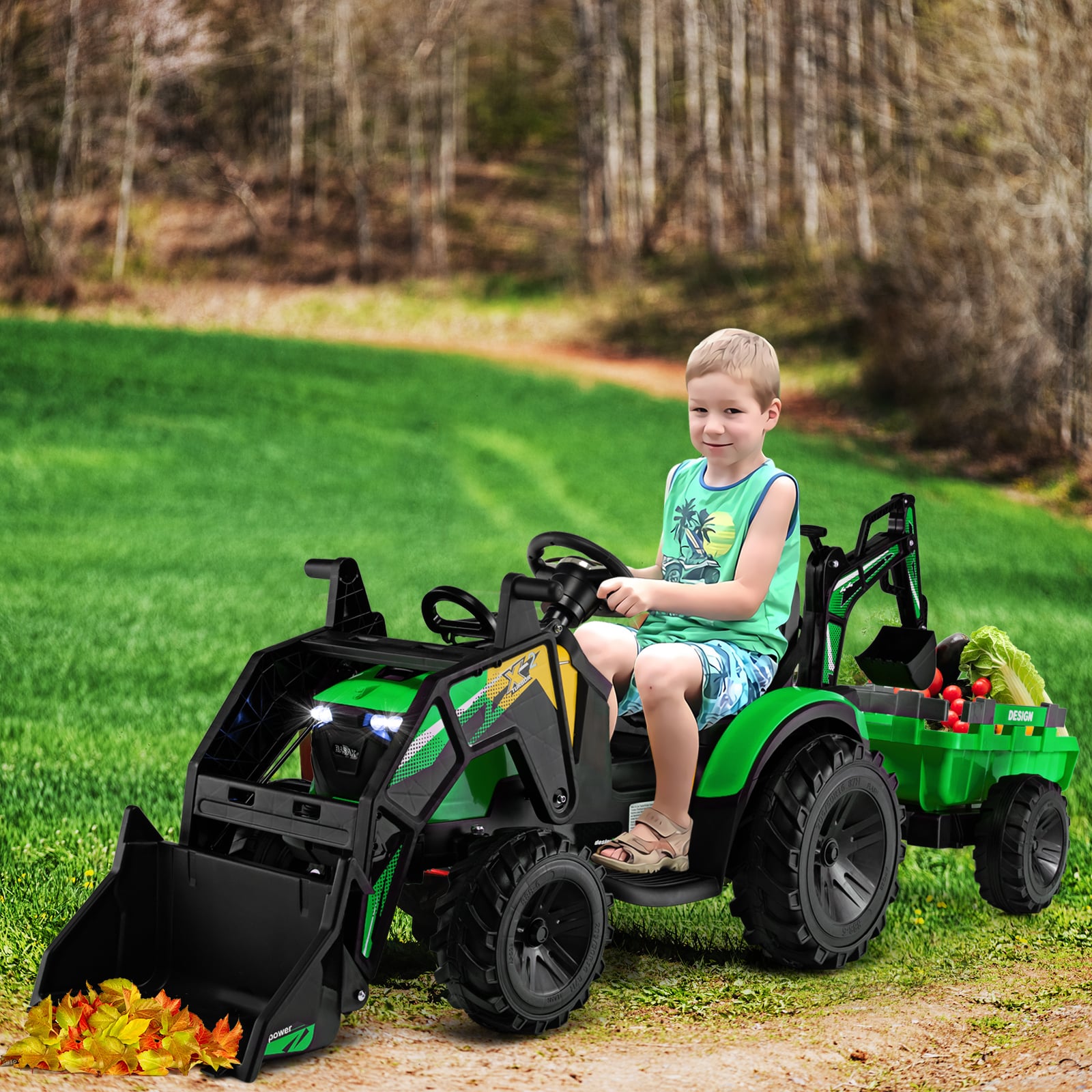 3 In 1 Ride On Tractor And Trailer With Shovel Bucket Green - Kuiwee.com