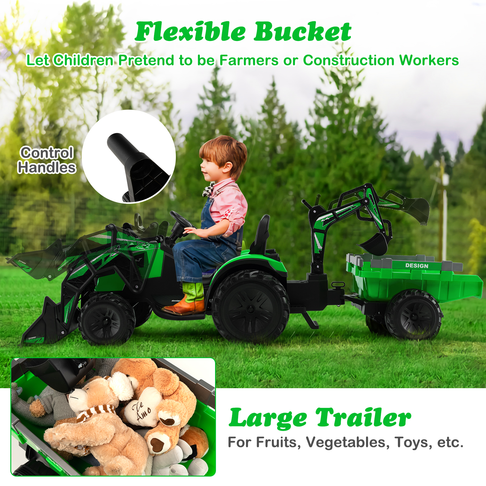 3 In 1 Ride On Tractor And Trailer With Shovel Bucket Green - Kuiwee.com