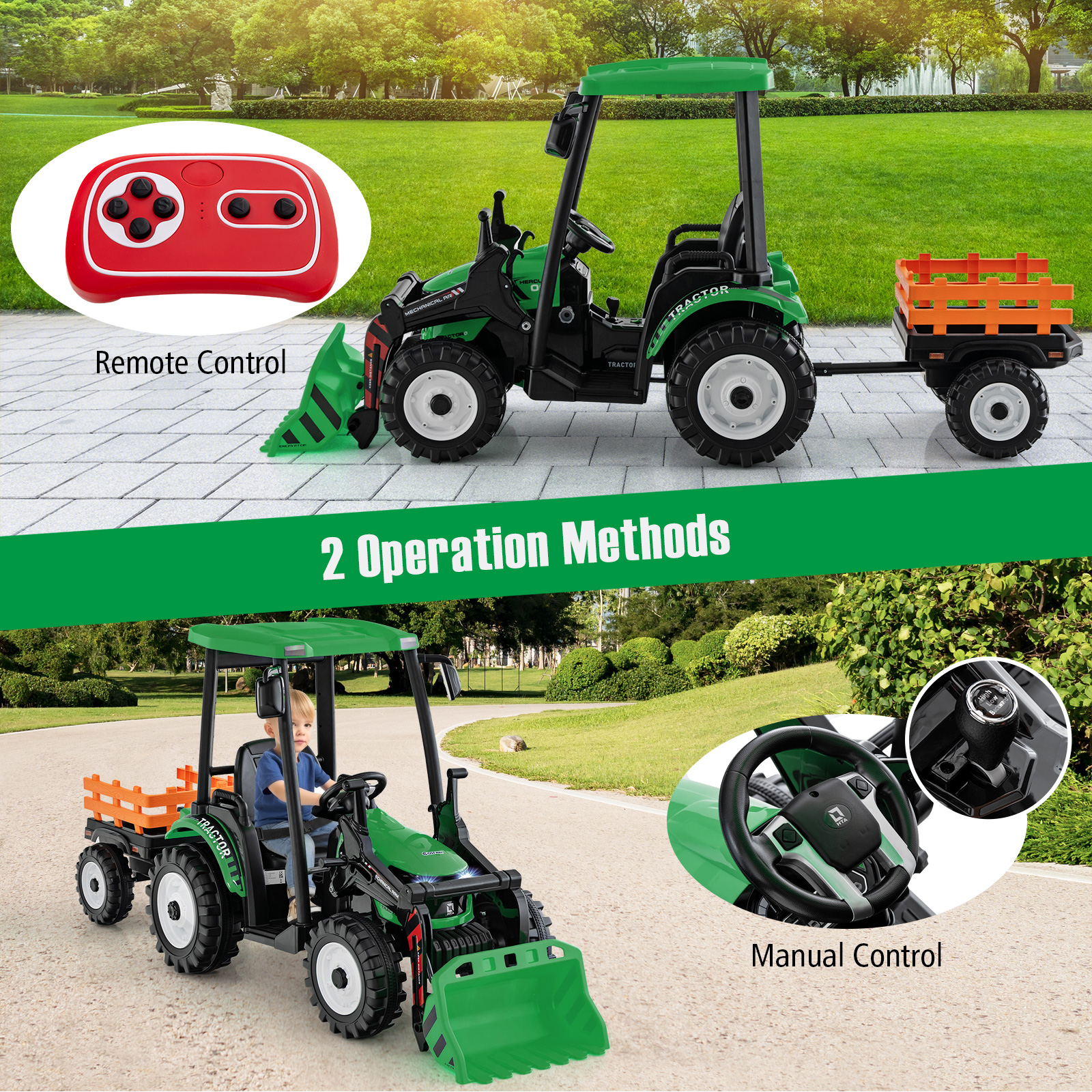 12v Battery Powered Kids Ride On Tractor With Trailer Green - Kuiwee.com