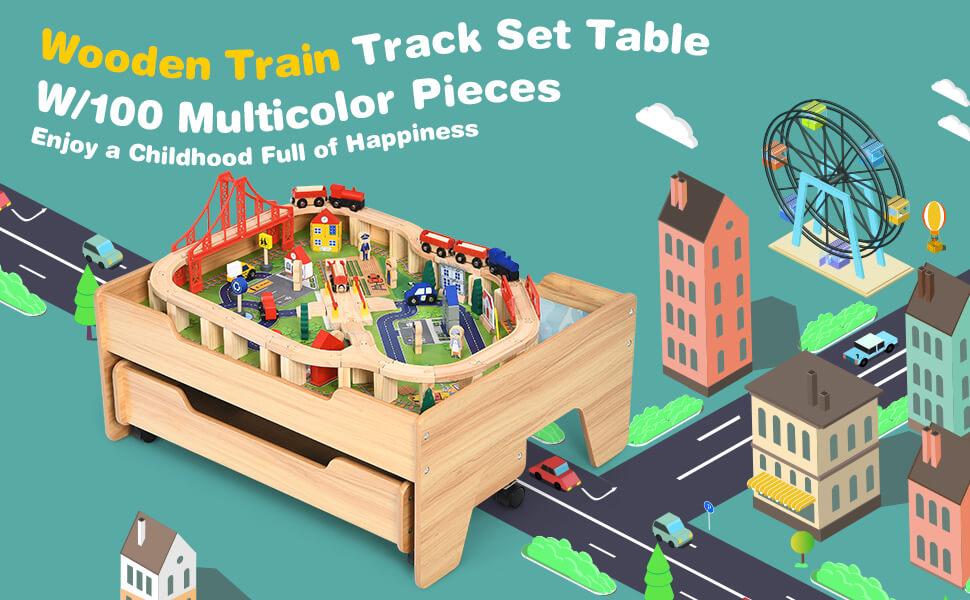 100 Pcs Kid's Wooden Train Railway Track Set Table - Costway